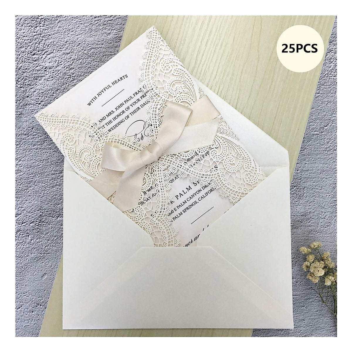Picky Bride 25pcs 5x7 Wedding Invitations with Envelopes, Laser Cut Lace Hollow with Elegant Ribbons, for Wedding Bridal Shower Engagement Birthday Party Invite, Ivory