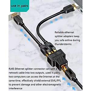 RJ45 Ethernet Splitter Adapter, 2 Pack 1 to 2 Ethernet Splitter 8P8C Socket Extender to Connect to LAN Network Internet Splitter Adapter, for Cat5, 5e, Cat6, Cat7, Black
