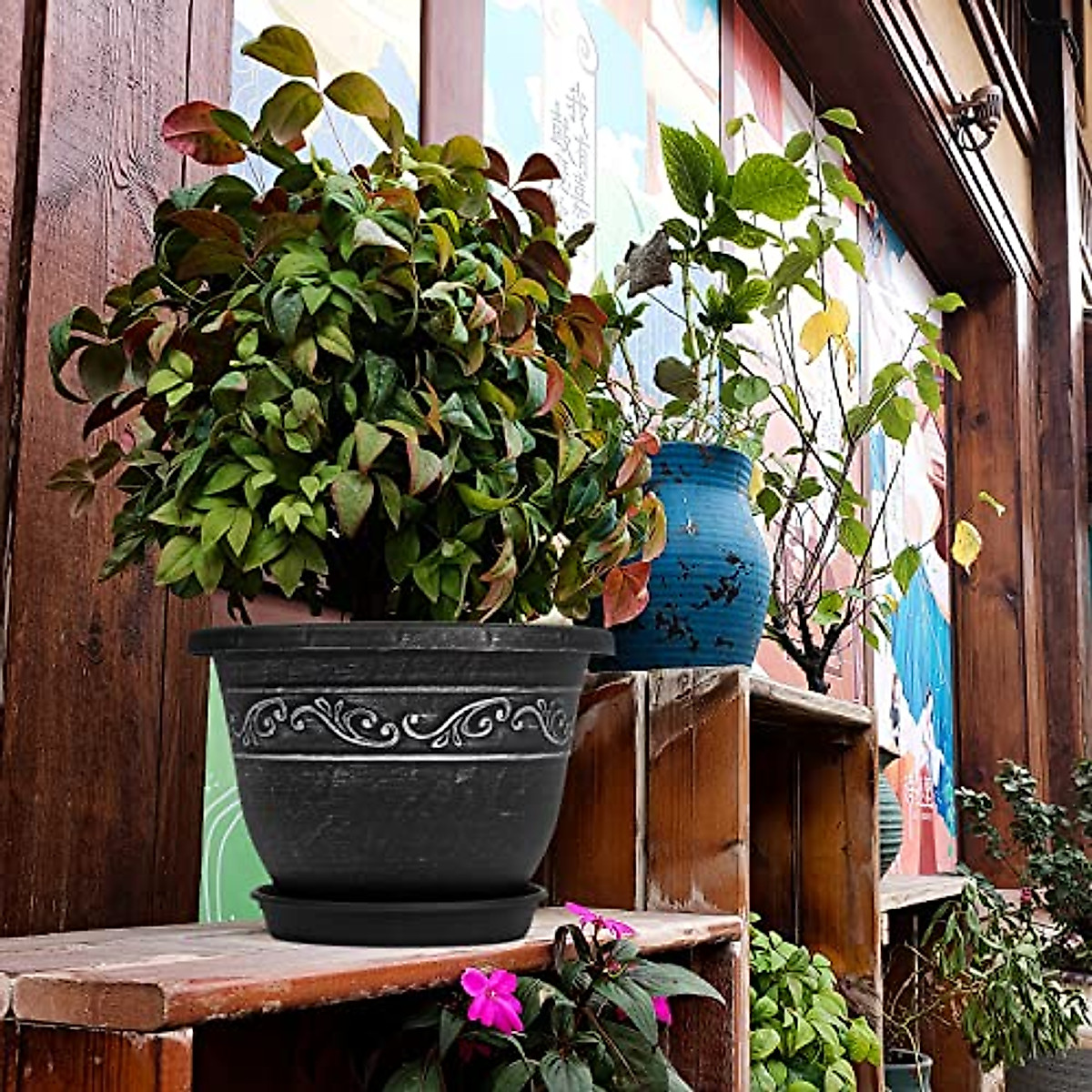 QCQHDU Plant Pots, 3 Packs 8 inch Planters with Drainage Hole Saucer, Plastic Flower Pots for Indoor Plants Retro Decorative for Outdoor Garden Container Sets(Silver-8 inch)