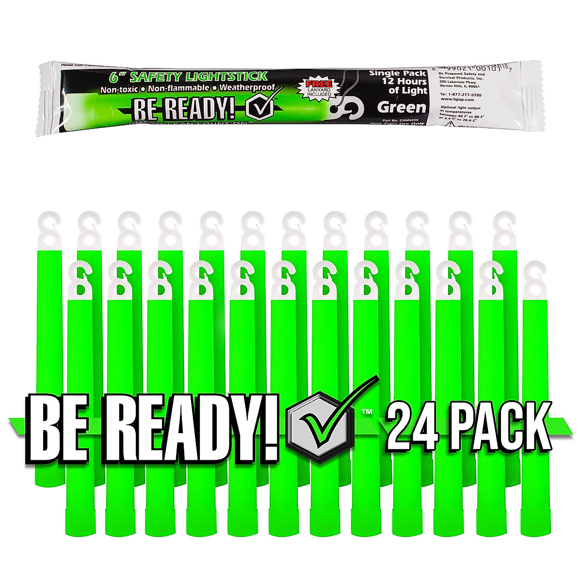 Be Ready - Industrial 12 Hour Illumination Emergency Safety Chemical Light Glow Sticks 24 Pack - Green