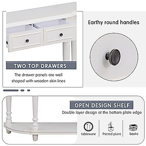 Retro Circular Curved Design Console Table with Open Style Shelf Solid Wooden Frame and Legs Two Top Drawers Ample Storage, Shape Console Table for Hallway Living, Dining Room (Antique White)