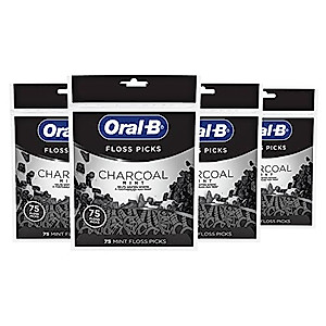 Oral-B Charcoal Infused Mint Dental Floss Picks, 75 Count, Pack Of 4