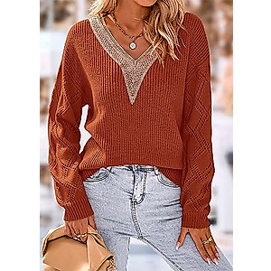 KIRUNDO Women’s 2023 Fall Casual Crochet Long Sleeve Lace V Neck Ribbed Knit Pullover Sweater Tops Rust Red