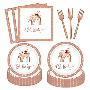 96 Pcs Boho Rainbow Party Paper Plates Napkins, Boho Wedding Baby Shower Girls Birthday Party Decorations Supplies Disposable Dinnerware Tableware Set Serves 24