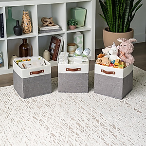 OrganiHaus 11 Inch Cube Storage Bin set of 4, Fabric Storage Bins, Cube Storage Organizer Bins, Cubby Bins w/ Vegan Handles, Kallax Organizer Storage Cube Basket, Square Storage Cubes - Grey/White