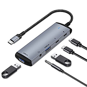 5 IN 1 USB C to 3.5mm Headphone and Charger Adapter, USB C Hub OTG USB 3.0 Data Adapter PD 60W Charger Fit with iPad Pro/iPad Air Mini/Macbook Pro/Air, Galaxy S23 S22 Note 20 Ultra, Pixel 7 6 Pro