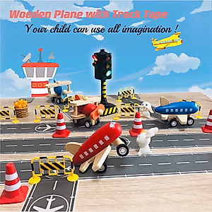 Lecelzie Wooden Toys Toddler Airplanes Toys with Road Track Tape Activities Fine Motor Skills Mini Wooden Airplane Toys for 1-2-3-4 Year Old Boys Girls Kids Party Favors Gift Push and Pull Plane Toys
