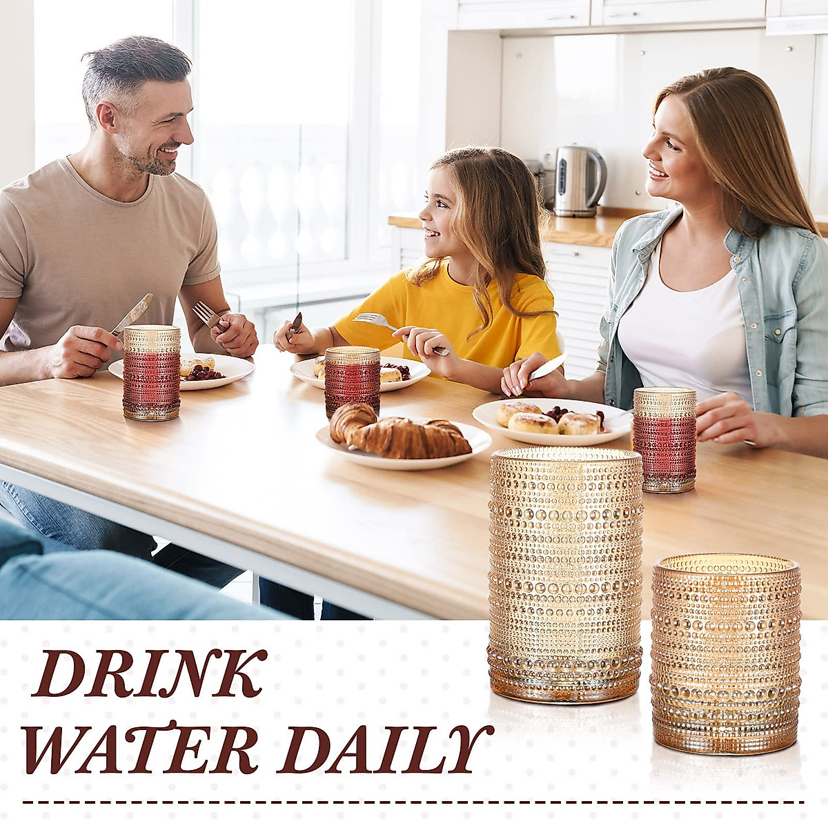 meekoo 16 Count Hobnail Drinking Glasses Beaded Amber Drinking Glasses 14 oz 12 oz Vintage Glassware Set Embossed Water Glasses Raindrop Glass Cups Set Tumbler for Whiskey Juice Cocktail Wine Beer