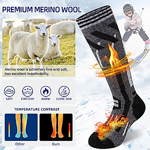 Kids Ski Socks Merino Wool Winter Warm Thermal Hiking Snowboarding Knee High Heavy Boot Socks for Toddler Boys Girls 2 Pairs(Grey/Blue, 4-7 Years)