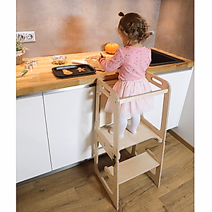 Foldable Montessori helper tower - Table & Chair with Chalkboard All-In-One (Natural lacquered)