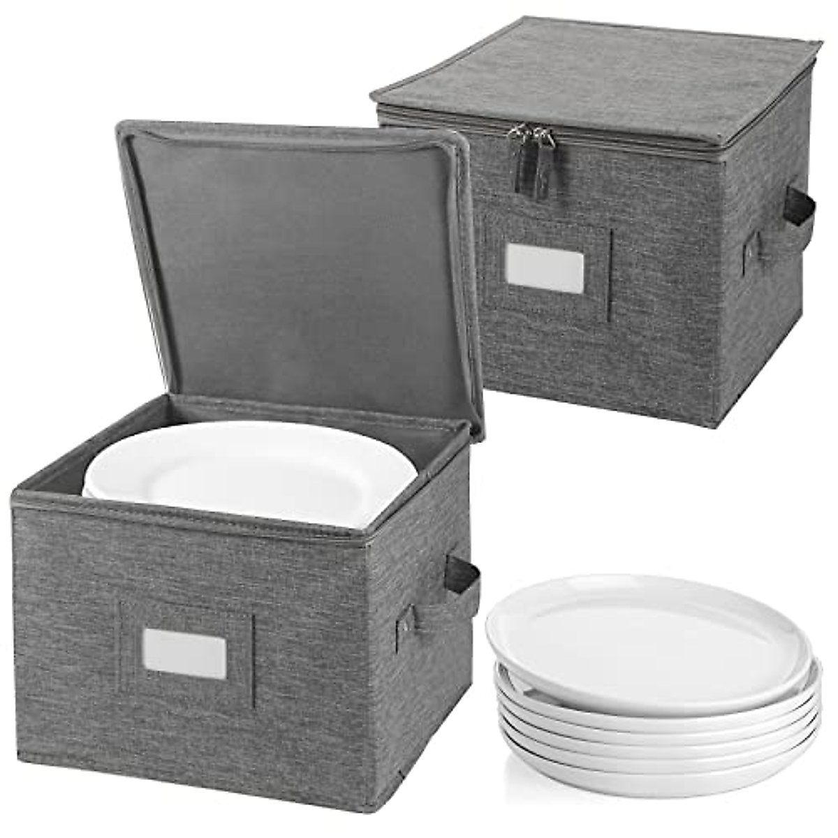 popoly China Storage Containers Inside 12" W x 8" H, Dinnerware Storage Box for Dishes Plate Storage with 24 Felt Dividers, Hold 24 Plates, Hard Shell and Stackable (2 Pack Grey)