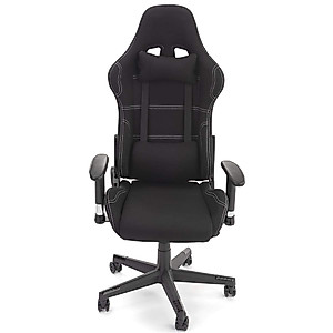 Displays2go Racing Style Gaming Chair for Office and Home Desk, Ergonomic Adjustments and Lumbar Support Pillow, Fabric Seat - Black (FDGAMECHGY)