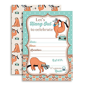 Silly Sloth Birthday Party Invitations, 20 5x7 Fill In Cards with Twenty White Envelopes by AmandaCreation