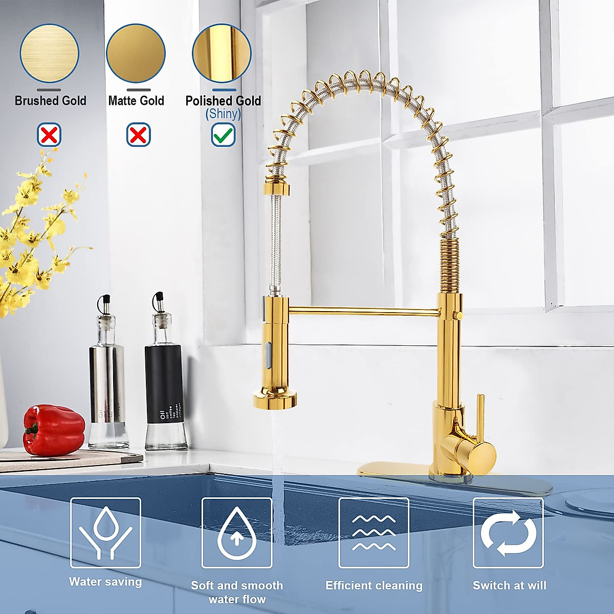 M OUDEMEI Commercial Pull Down Kitchen Sink Faucet with Dual Function Sprayer, Single Handle Spring Faucets with Deck Plate, High Arc Kitchen Faucet for 1 OR 3 Hole Easy Installation (Polished Gold)