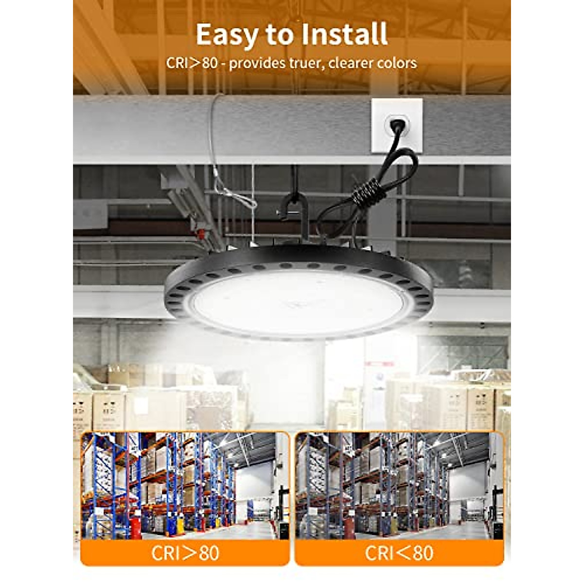 LED High Bay Light, 200W UFO LED High Bay Lights, 24000LM 5000K LED Shop Lights with US Plug 5' Cable Bay Lights, IP65 Warehouse Light, Area Light Bay Lighting for Shop Garage Barn Warehouse Workshop