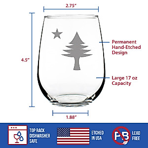 Old Maine Flag - Stemless Wine Glass - Original 1901 State of Maine Flag Gifts for Women & Men Mainers - Large 17 Ounce