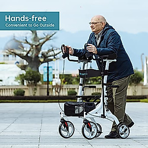 ELENKER Upright Rollator Walker, Stand Up Rollator Walker with Shock Absorber, 10” Front Wheels and Carrying Pouch, Suitable for Outdoor, White