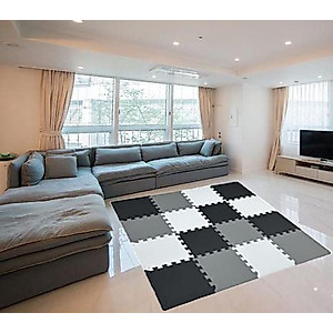 16 Pieces Foam Play Mat with Border, Interlocking Playmat Tiles, Foam Floor Mat Tiles for Kids, Puzzle Play Mat, Exercise Gym Mats – Color of Black & Grey & White