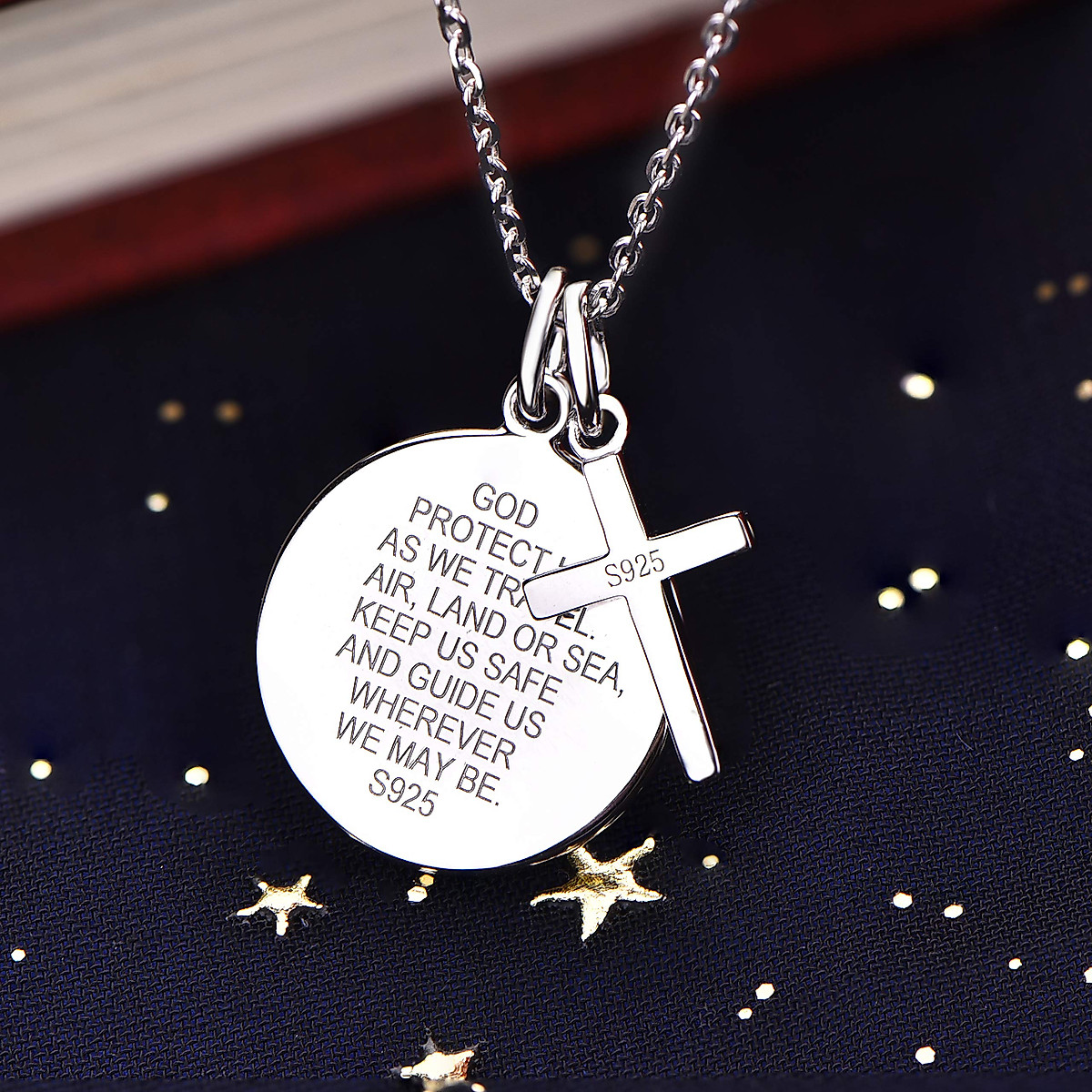 FJ Saint Christopher Necklace for Women Men 925 Sterling Silver St Christopher Necklace and Cross Necklace with 18" Chain