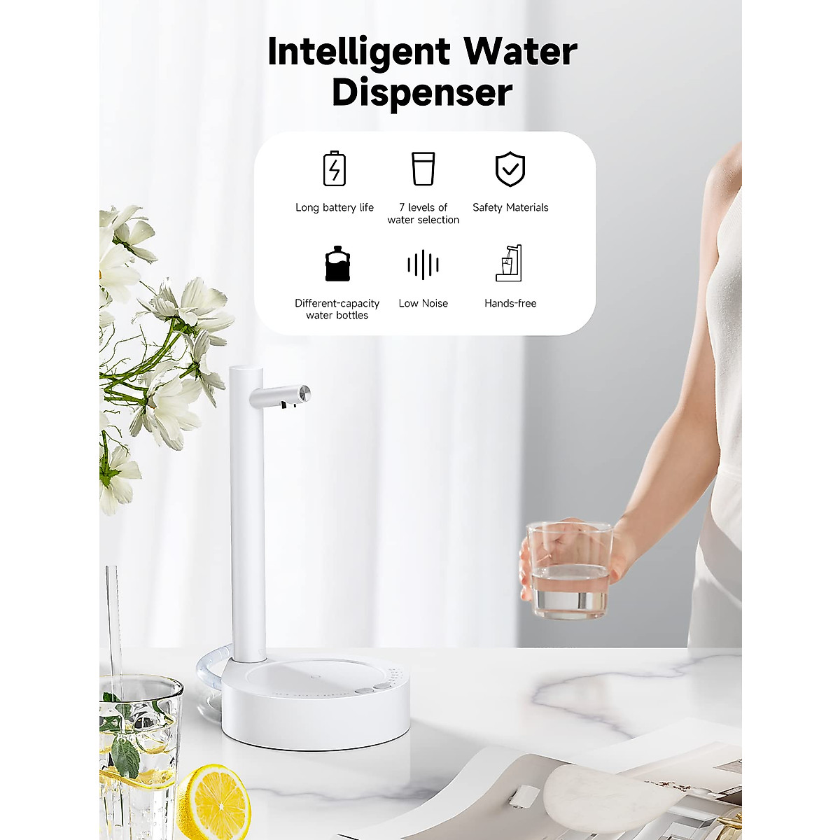 REJOMINE Water Dispenser for 5 Gallon Bottle, Smart 7 Levels Water Dispenser Countertop for Universal Bottles, Portable Desktop Water Pump for Outdoor, Automatic Water Jug Dispenser with Silicone Hose