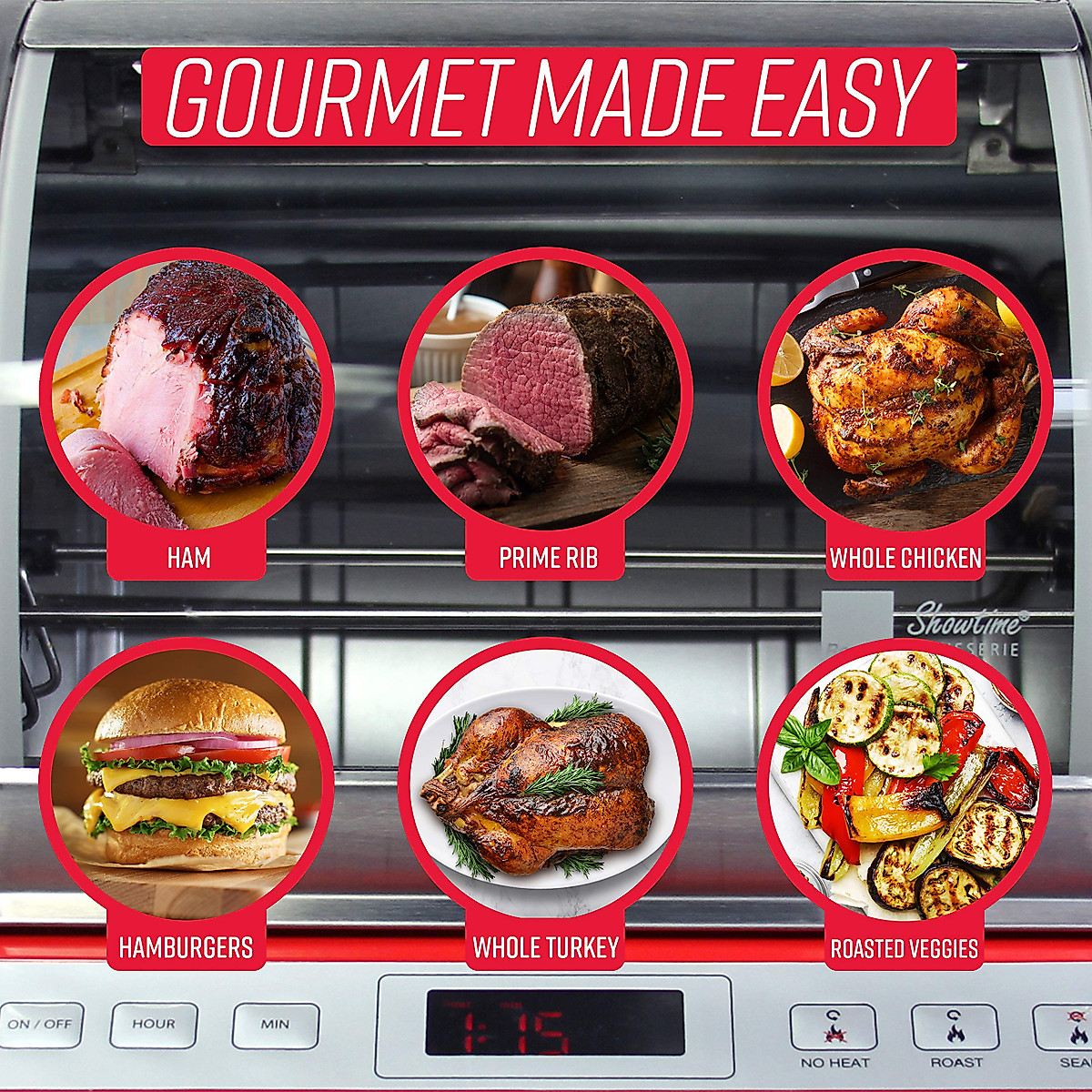 Ronco Showtime EZ-Store Large Capacity Rotisserie & BBQ Oven, Digital Controls, Compact Storage, Perfect Preset Rotation Speed, Self-Basting, Auto Shutoff, Includes Multipurpose Basket, red