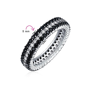 Pave Cubic Zirconia Two Tone 3 Row Stripe AAA CZ Statement Black & White Wedding Eternity Band Ring For Women .925 Sterling Silver