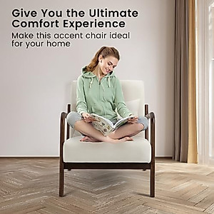 Unovivy Mid-Century Modern Accent, Upholstered Lounge Armchair with Wood Frame Thick Padded Backrest & Seat Cushion, Single Sofa Chair for Living, Bedroom, Reading Room, ‎30" Depth, White