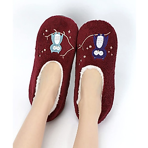 DICUIRD Womens Cozy&Warm Soft Sole Slipper Socks with Grippers-Fuzzy Fleece Lined House Slippers with Non-skid Bottoms (Wine Owl, 8-10)