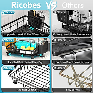 Ricobes Dish Drying Rack - 2 Tier Large Capacity Dish Rack- Dish Racks for Kitchen Counter with Drainboard, Rustproof Dish Drainer with Removable Utensil Holder,Cutting Board Holder,Cup Holder, Black