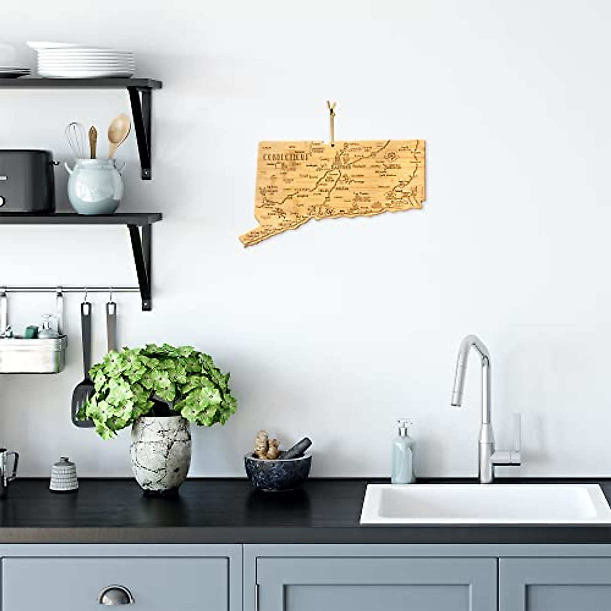 Totally Bamboo Destination Connecticut State Shaped Serving and Cutting Board, Includes Hang Tie for Wall Display