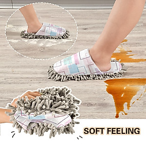 FLildon Microfiber Cleaning Slippers Geometric Rectangle Pattern Washable Mop Shoes Slipper for Men/Women House Floor Dust Cleaner, Size M
