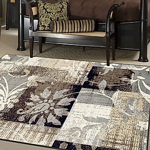 Superior Indoor Area Rug, Jute Backed, Perfect for Office, Living/Dining Room, Bedroom, Kitchen, Hallway, Entryway, Floor, Modern Floral Patchwork Decor, Pastiche Collection, 9' x 12', Beige