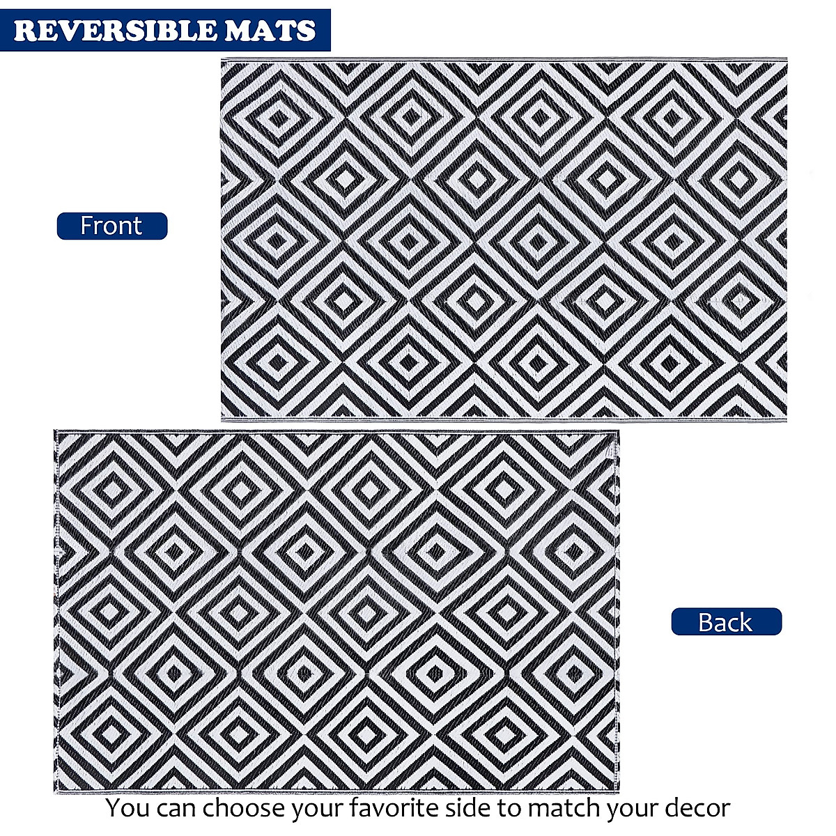 Ridota Reversible Mats for Outdoor Patio, Plastic Straw Modern Area Rug, Floor Mat for RV, Backyard, Deck, Picnic, Beach, Trailer, Camping (Diamond Black & White, 4' x 6')