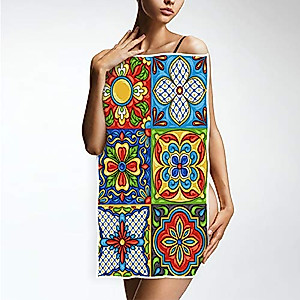 Pfrewn Mexican Talavera Ceramic Tile Hand Towels 16x30 in Ethnic Folk Bathroom Towel Soft Absorbent Small Bath Towel Kitchen Dish Guest Towel Home Bathroom Decorations