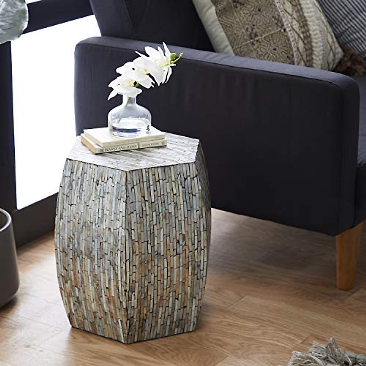 Deco 79 Mother of Pearl Shell Handmade Side End Accent Table Shell Mosaic Hexagon End Table with Brown Accents, Side Table 16" x 16" x 16", Gray