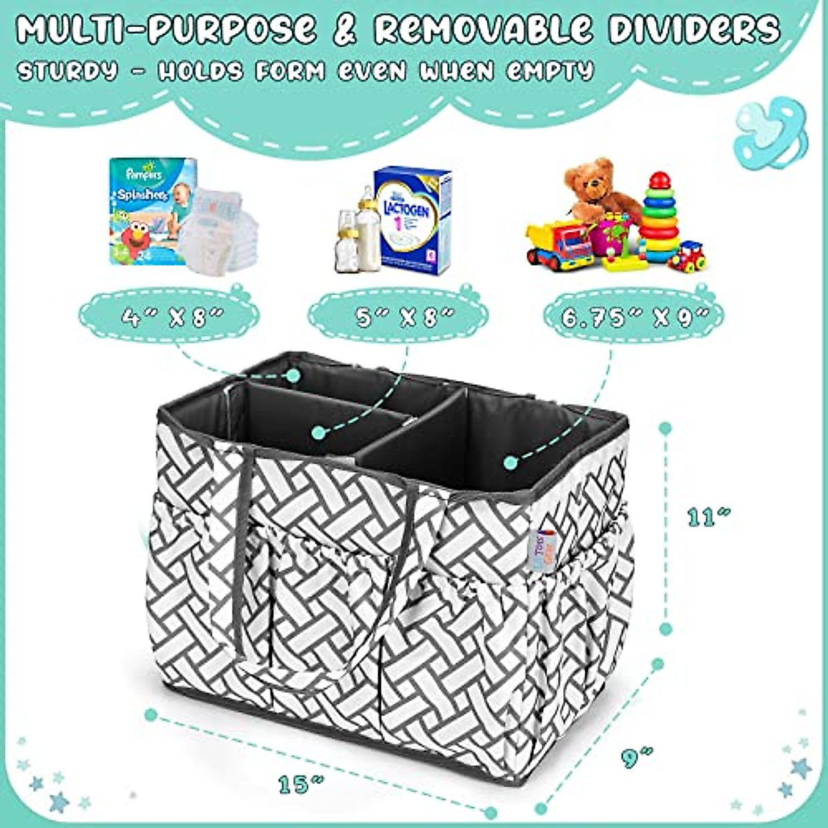 XL Baby Diaper Caddy Organizer - Heavy Duty Portable Diaper Storage Organizer - Baby Organizer for Nursery, Changing Table, Wipes & Toys - Car Basket for Nursery Storage Bin with Tote Holder Cover