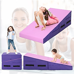 BLKMTY Gymnastics Mat Incline Gym Mat Fitness Mat Tumbling Mats 48"x24" Incline Mat for Gymnastics Cheese Wedge Mat for Kids Folding Exercise Mat Yoga Mat for Kids Play Home Aerobics, Pink
