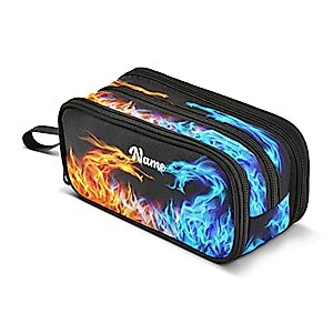 Custom Pencil Case Cool Dragon Fire 3 Compartment Pen Bag Pouch Holder Box School Portable Stationery Storage Bag for Girls Boys