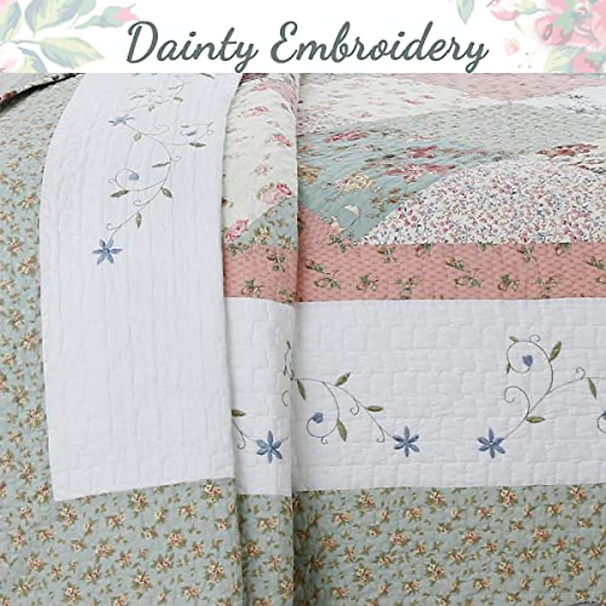 Cozy Line Home Fashions Floral Real Patchwork Green Peach Scalloped Edge Country 100% Cotton Quilt Bedding Set, Reversible Coverlet Bedspread (Celia, King - 3 Piece)