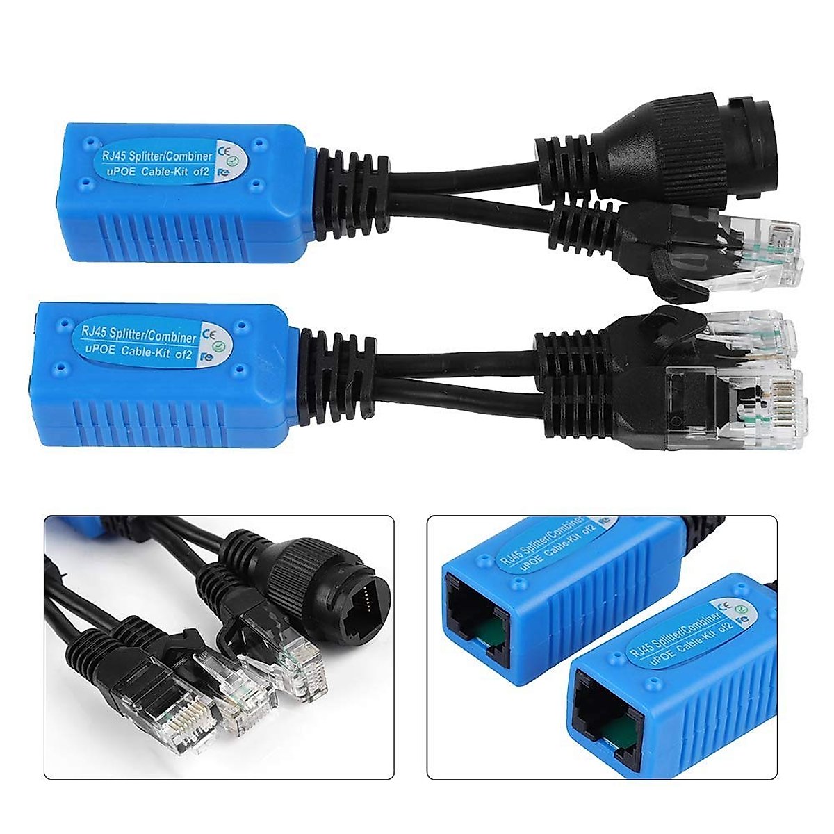 Tosuny 2pcs Splitter RJ45 Combiner POE Adapter Connectors Power Cable Kit Works with IP Security Cameras, Wireless Access Points