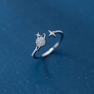 Izpack Planet Star Sterling Silver Open Stacking Rings for Women Dainty Cubic Zirconia Crystal Adjustable Engagement Promise Wedding Ring Wrap Finger Thumb Band Cute Jewelry Gifts