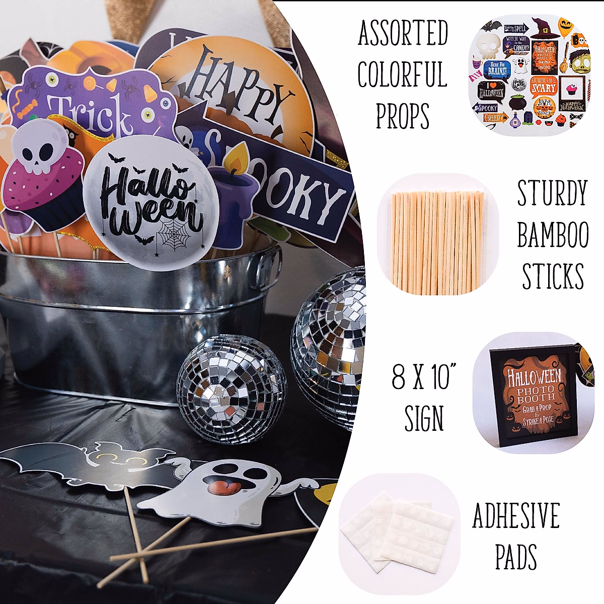 Halloween Photo Booth Props - 41-pc Photobooth Kit with 8 x 10-Inch Sign, 60 Adhesive Pads, and 45 Sticks - Halloween Photo Props - Halloween Selfie Props - Halloween Photo Booth Decorations