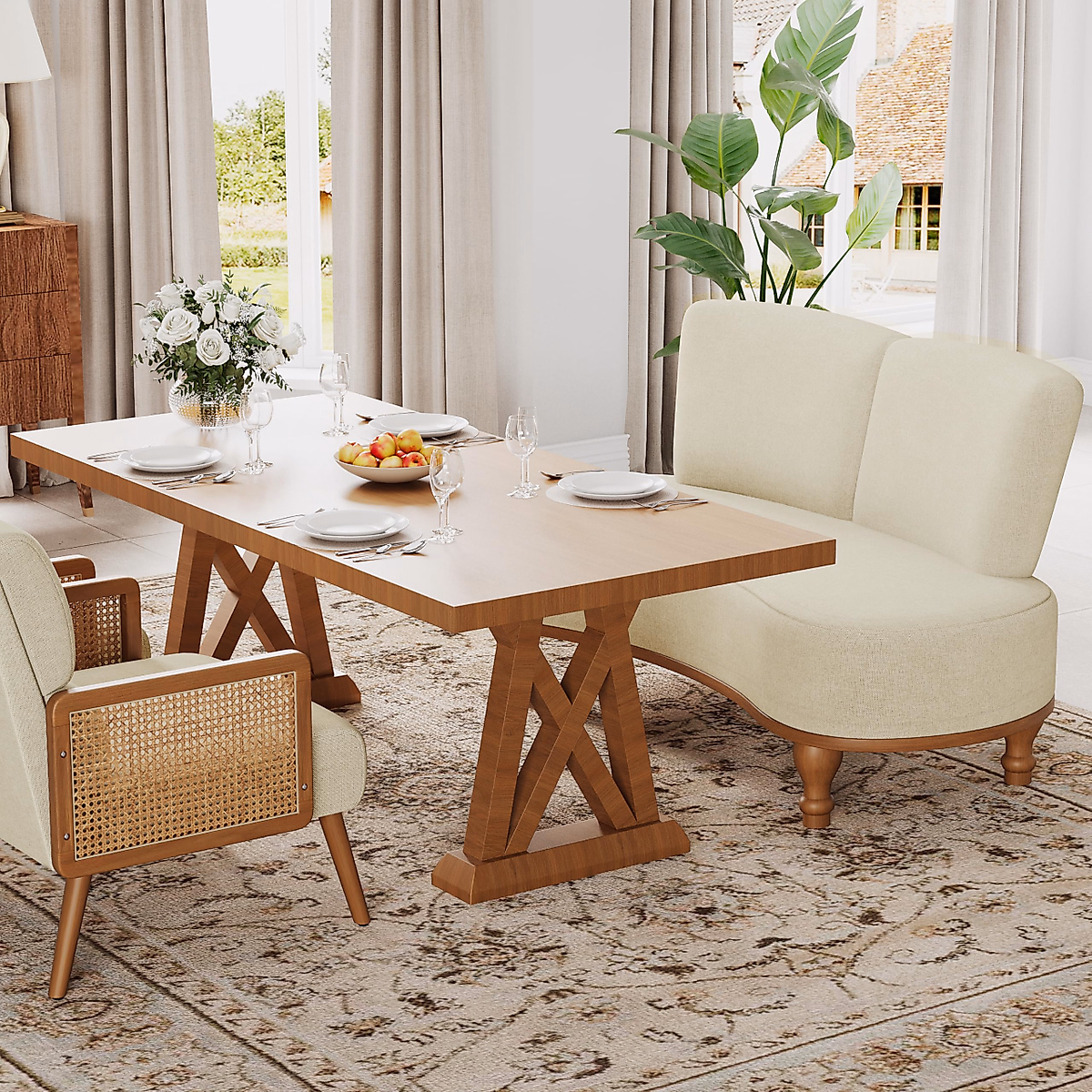 ALISH 49" Small Loveseat Sofa Settee Curved Sofa Couch Upholstered Dining Banquette Bench with Backrest and Wooden Legs for Dining Room Living Room Bedroom Funiture, Ivy