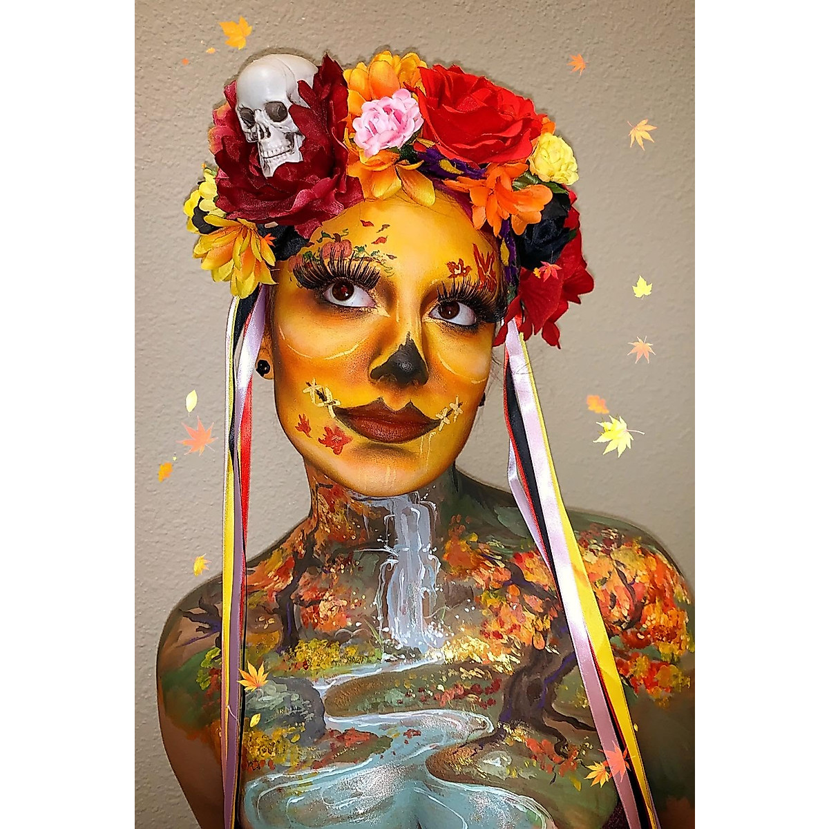 DreamLily Frida Kahlo Mexican Flower Crown Headband Halloween Party Costume Dia de los muertos Headpiece NC25 (A-Rose skull ribbon)