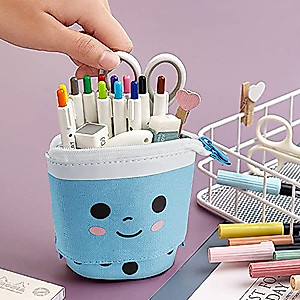 Cute Pencil Case Telescopic Holder Stationery Case with Grid Mesh Pencil Holder, Pop Up Pencil Pouch Standing Pen Holder Makeup Office Bag Organizer School Box for Girls Students Women Adults