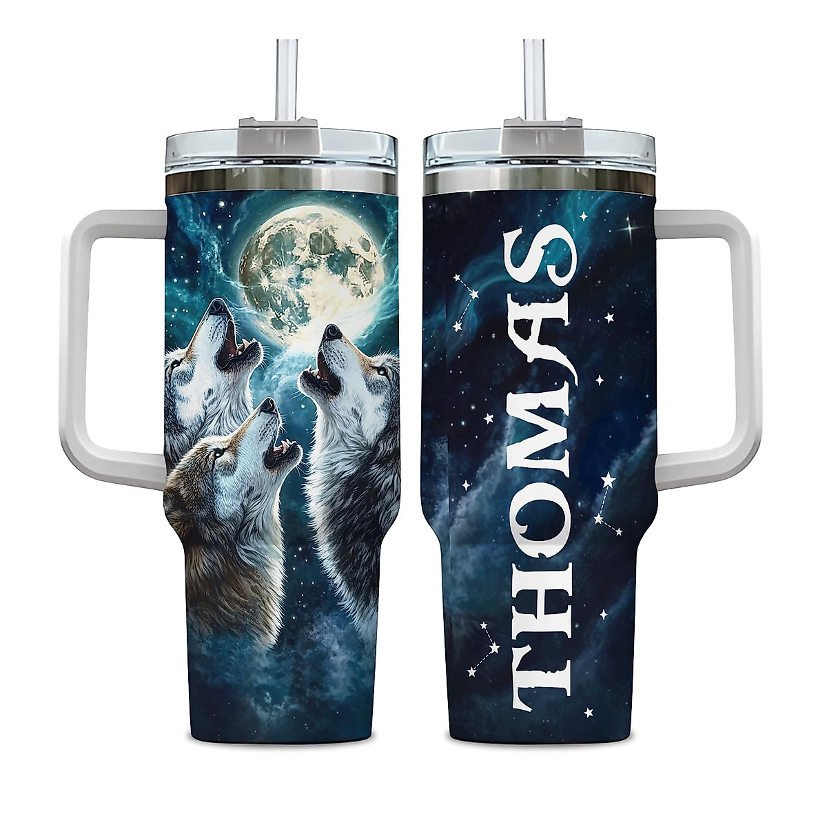 Foxcorner Personalized Wolf 40oz Tumbler with Handle and Straw Gifts for Wolf Lovers, Father's Day Cool Gifts For Him, Men, Birthday Gift Ideas, Custom Name Stainless Steel Travel Cup With Lid