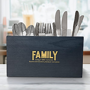 Krezy Case Family Quote Wood Utensil Caddy Cutlery Organizer, Silverware Holder, Large Utensil Flatware Organizer Box with 3 Compartments, Wood Utensil Holder