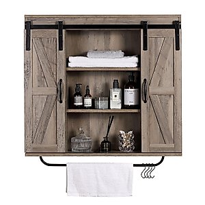 RUSTOWN Rustic Wood Wall Storage Cabinet with Two Sliding Barn Door, 3-Tier Decorative Farmhouse Vintage Cabinet for Kitchen Dining, Bathroom, Living Room, Washed Oak