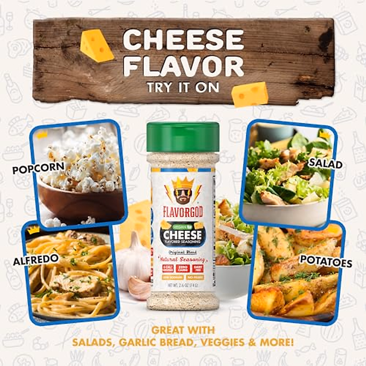 Flavor God Cheese Flavored Seasoning Mix, 2 Bottles, Premium All-Natural Spice Blend for Chicken, Seafood, Vegetables, Eggs, Ravioli, Tacos, & Pasta - Kosher, Dairy-Free, Gluten-Free, Keto Friendly