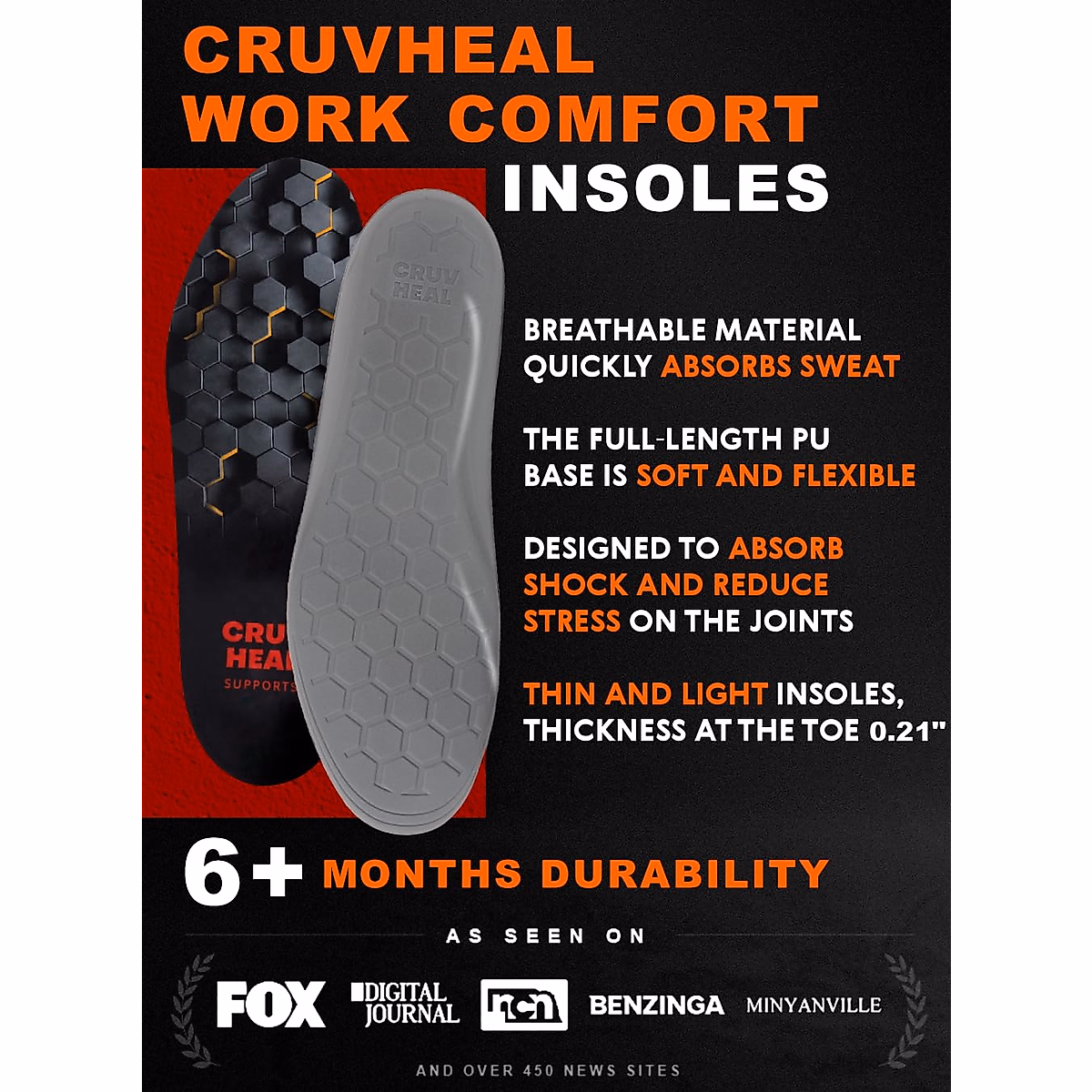 (New) Work Comfort Orthotic Insoles - Anti Fatigue Shoe Insert Men Women - Low Arch Support - Shock Absorption - Foot Pain Relief - Work Boot Insoles (Black Hexagons, M)